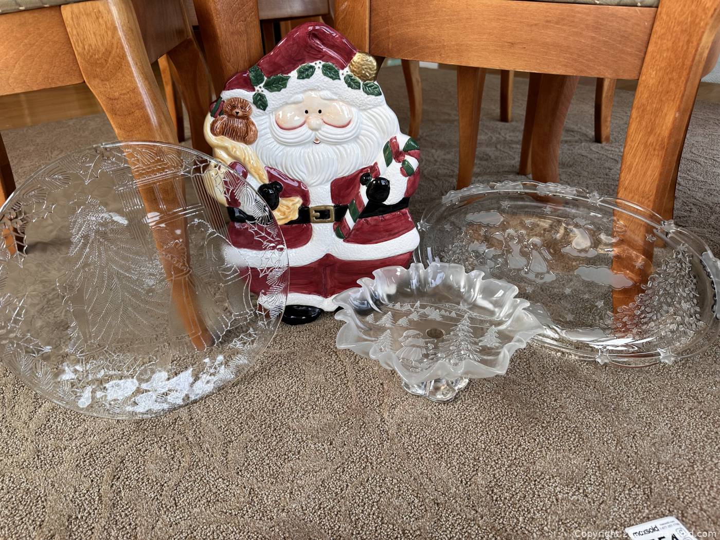 Ceramic Santa Platter And 3 Christmas Glass Trays | Maxsold