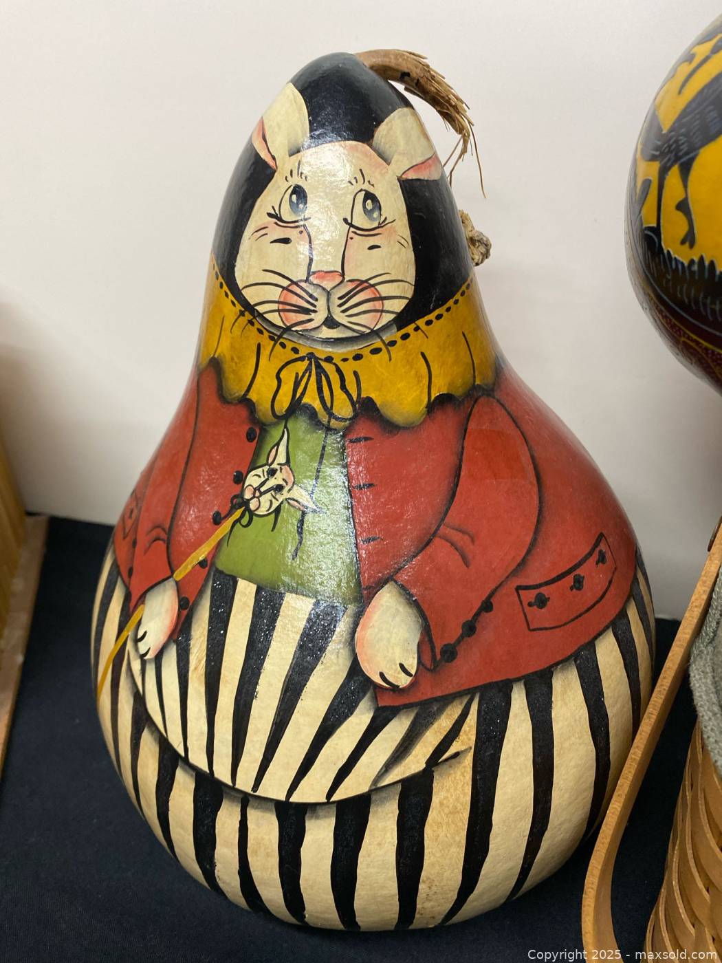 Handpainted rabbit gourd, carved bird gourd, two Longaberger baskets ...