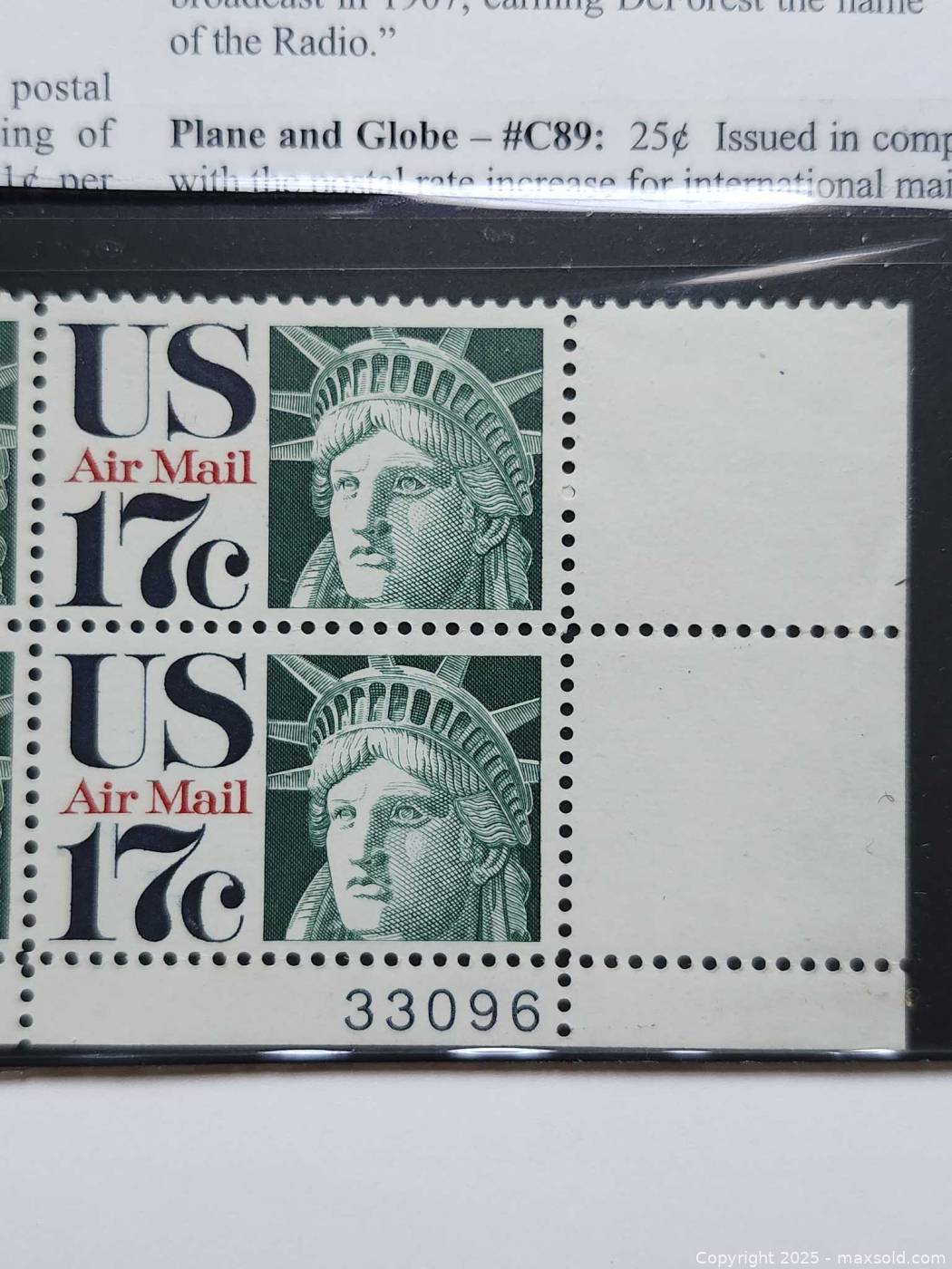 1971 US 17¢ Airmail Statue of Liberty plate block | Maxsold