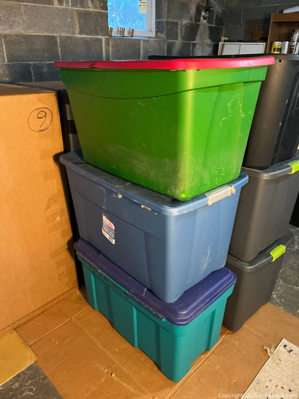 Six large plastic storage bins | Maxsold