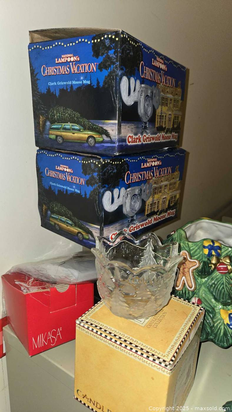Christmas decor lot with Griswold Moose mugs | Maxsold