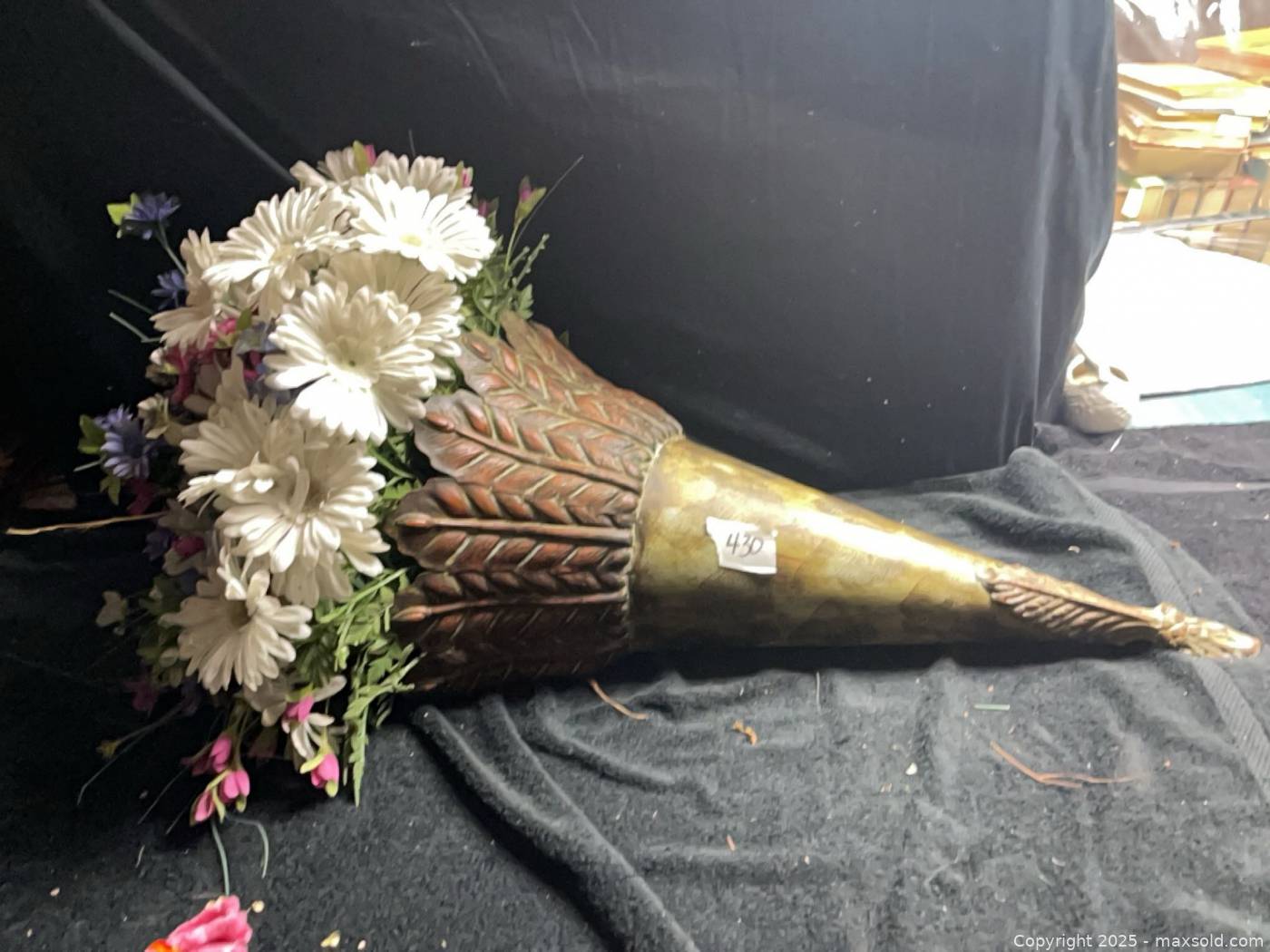 Metal Wall Cornucopia Planter Sconce w Flowers | Maxsold