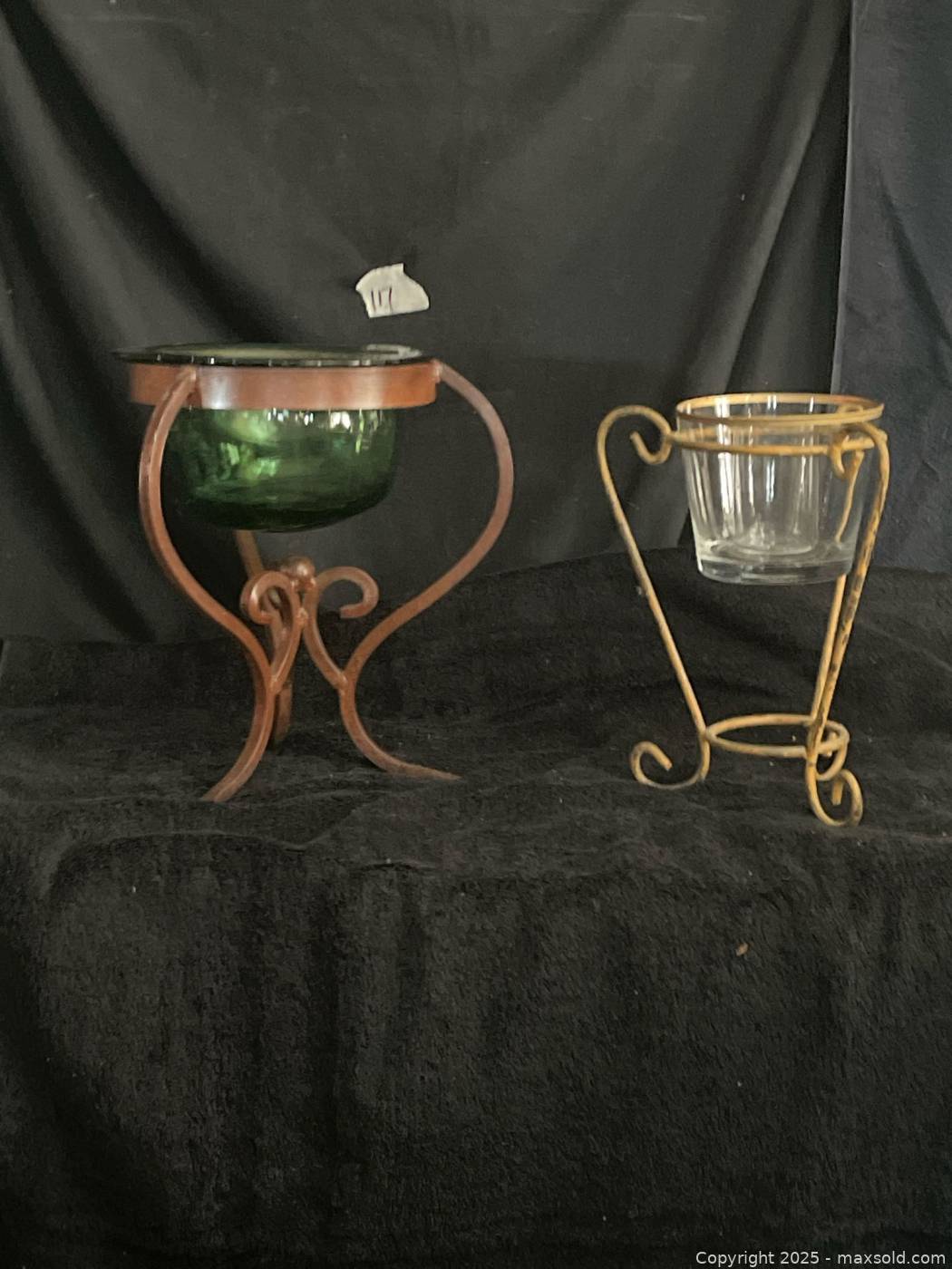 Metal scrollwork stands with glass bowls | Maxsold