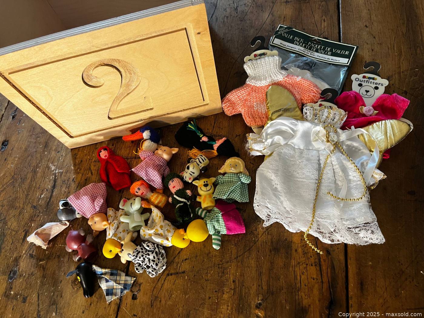 Wooden alphabet-number box, finger puppets, doll outfits | Maxsold