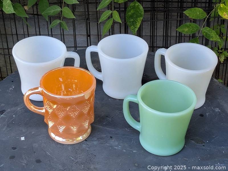 Fire-King milk glass, jadeite & marigold mugs (5) | Maxsold