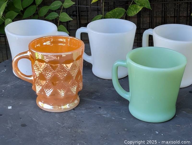 Fire-King milk glass, jadeite & marigold mugs (5) | Maxsold