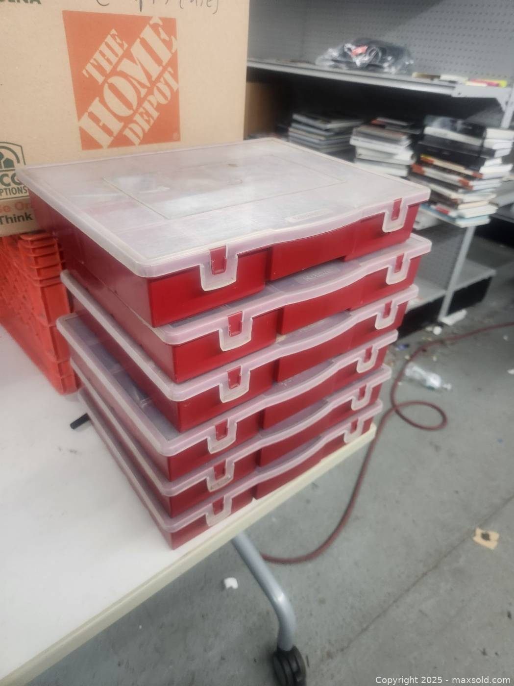 Six red compartment parts organizers | Maxsold