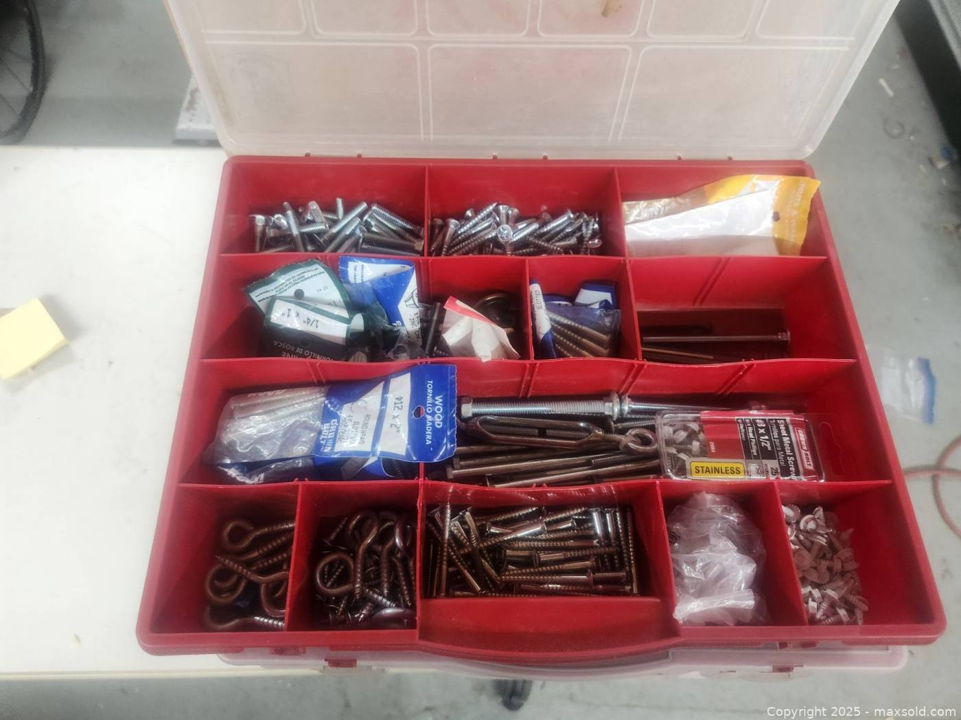 Six red compartment parts organizers | Maxsold