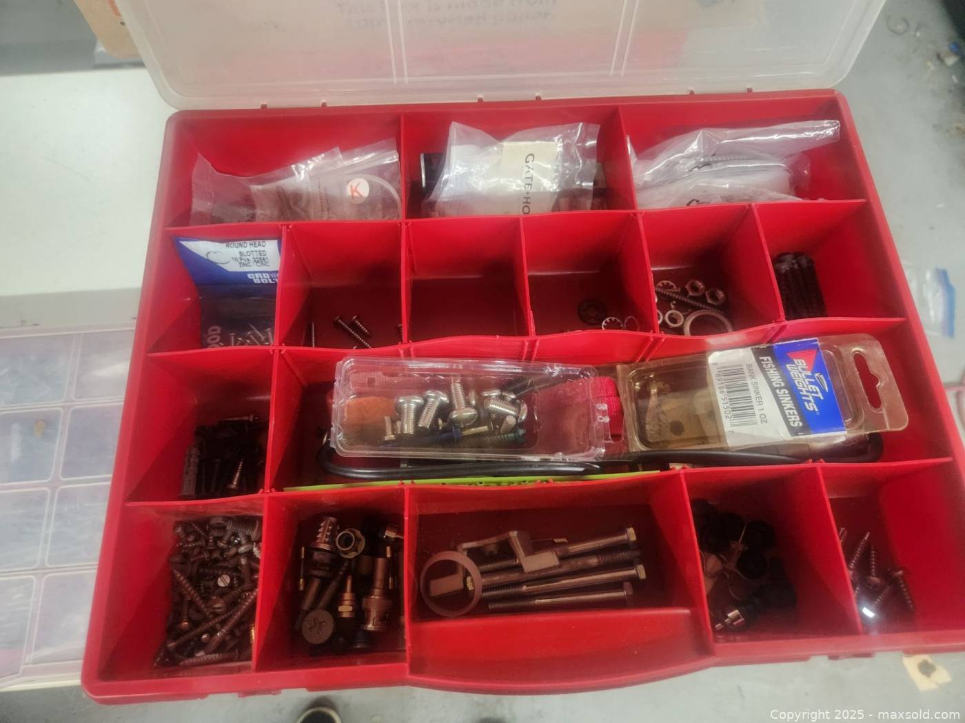 Six red compartment parts organizers | Maxsold