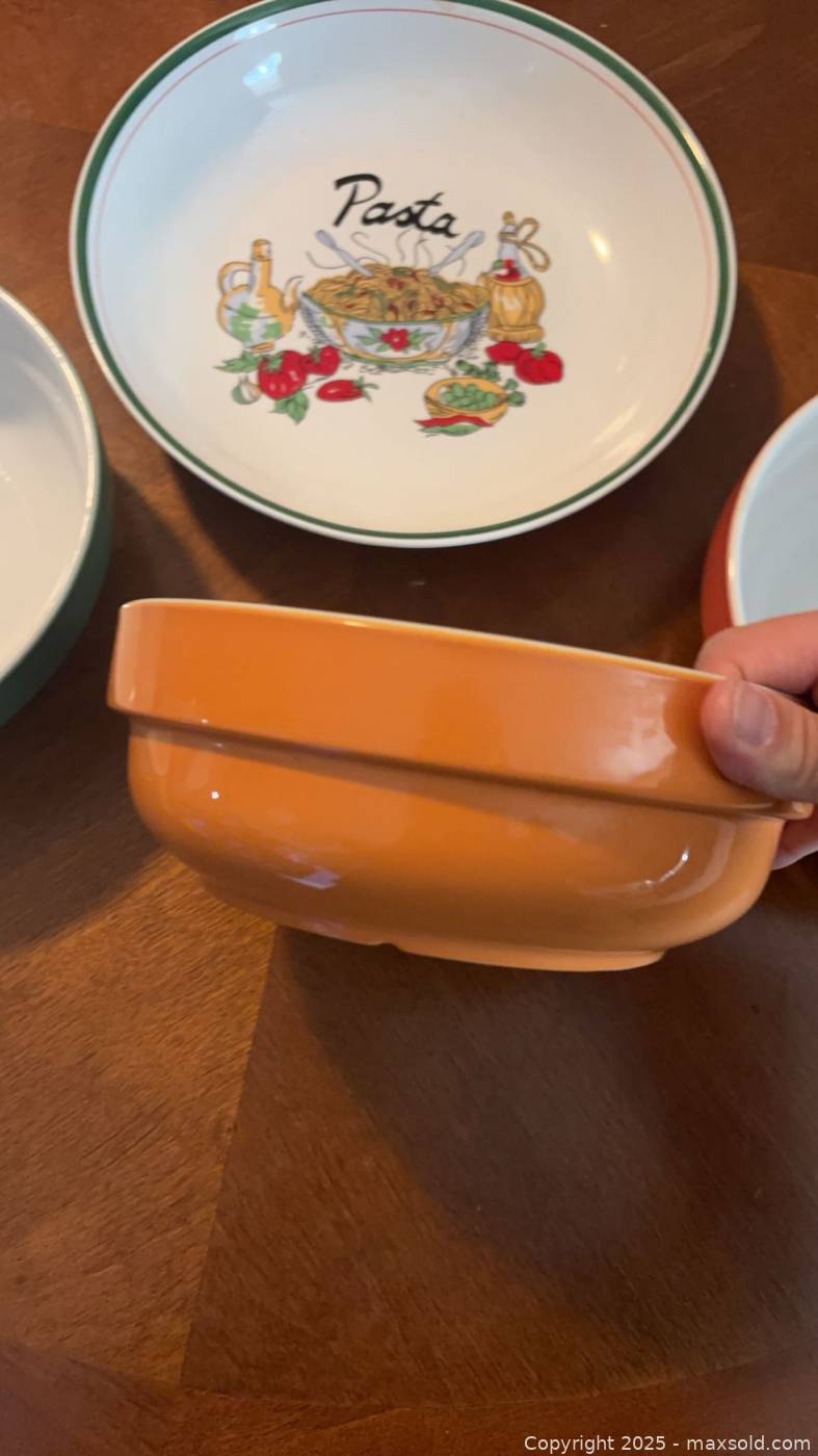 Ceramic pasta serving bowl with three Steelite colourful bowls | Maxsold