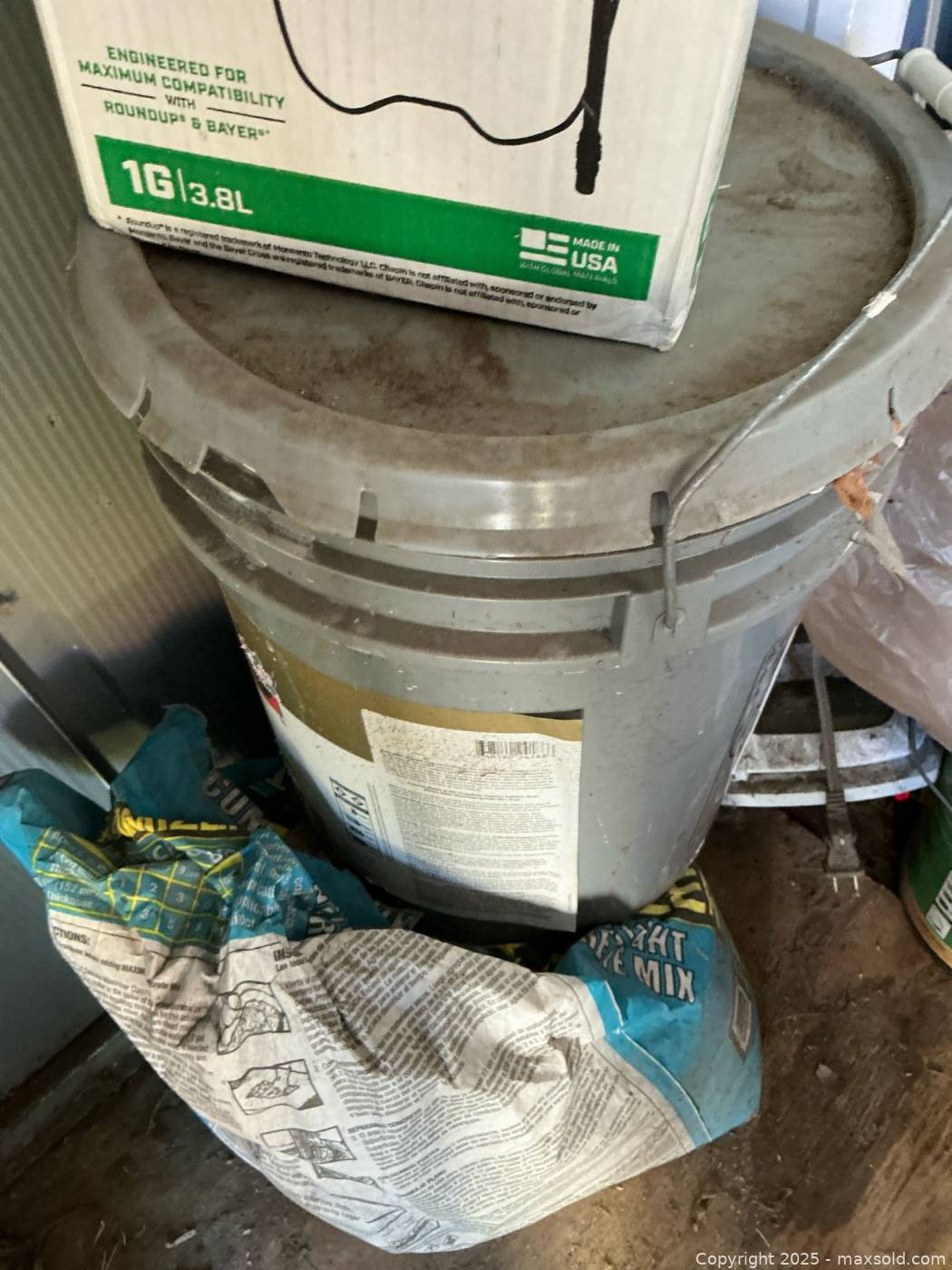Chapin pump sprayer, 5-gal paint bucket, mops, brooms, rake, shovel ...