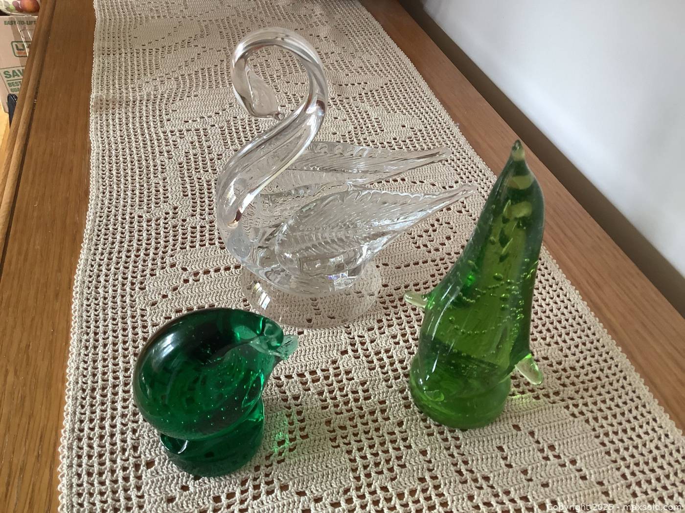 Altaglass green glass figurines and clear swan | Maxsold