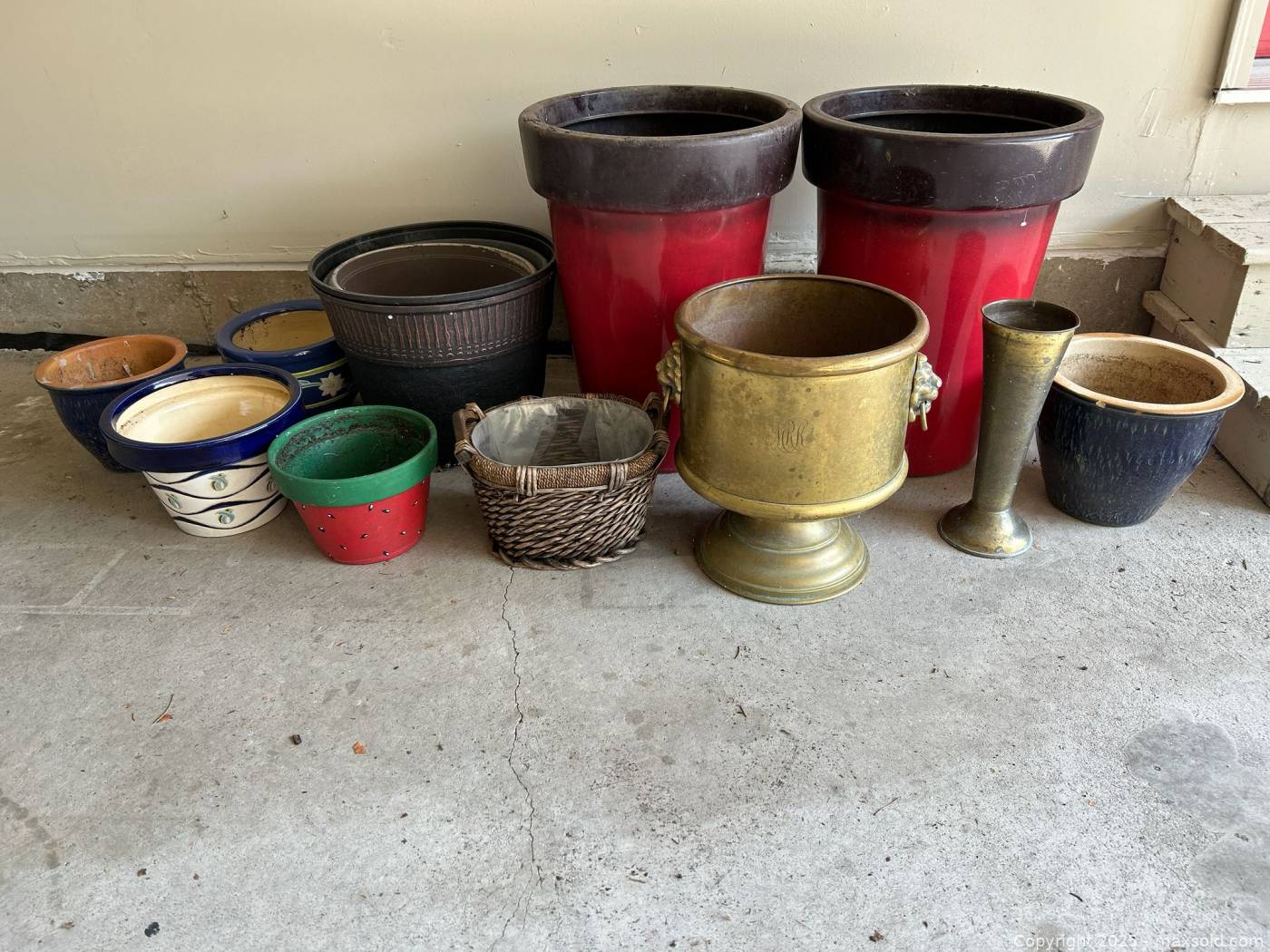 Brass footed urn, pair 16" red plastic planters, nine assorted ceramic ...