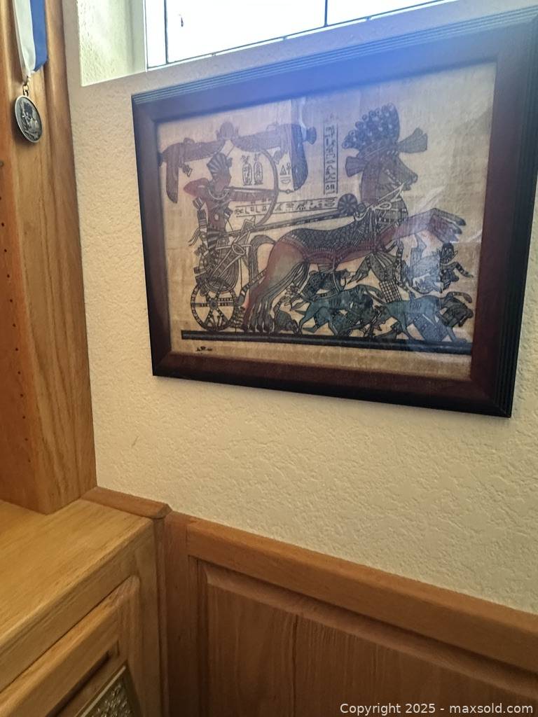 Framed Egyptian papyrus chariot scene artwork | Maxsold
