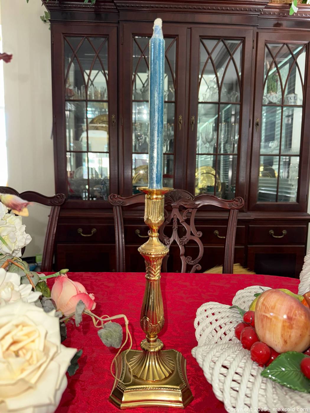 Brass pedestal compote with faux eggplants, silk floral centerpiece ...