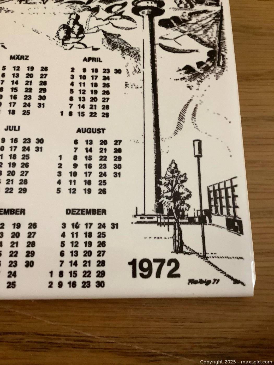 1972 Agrob Isma calendar tile, Delft-style tile in wood, two carved ...