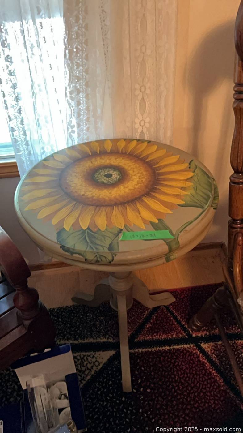 Painted sunflower pedestal side table | Maxsold