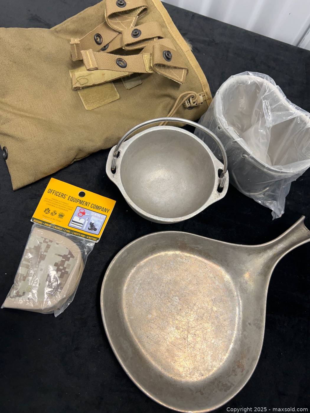 Military mess kit, canteen cup, canvas pouch, camouflage patch kit ...