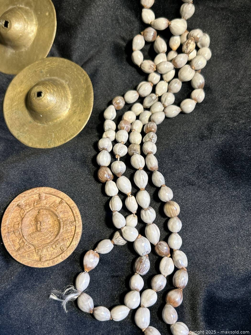 Thai prayer beads, clay serpent talisman, brass tingsha cymbals, corded ...