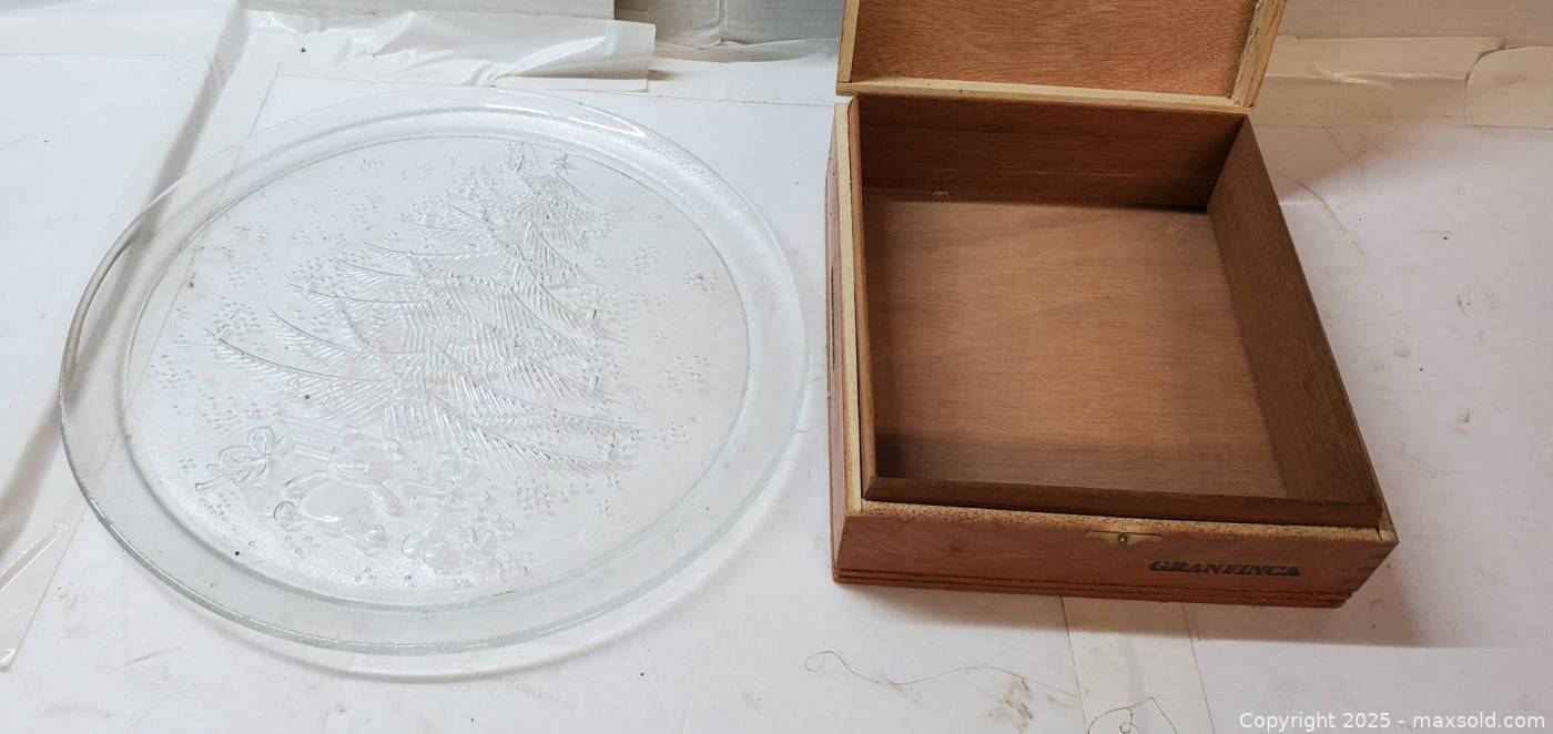 Glass Christmas Tree Plate and Wooden Cigar Box | Maxsold