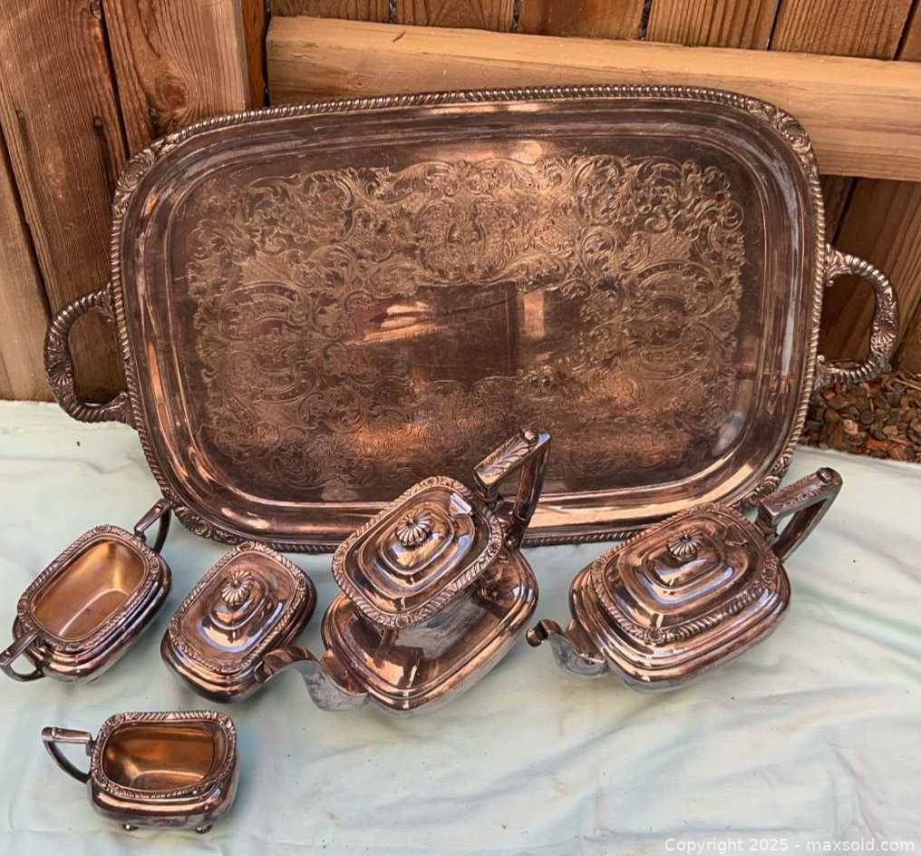 Wallace silver plate tray, tea set & serving dishes 8pcs | Maxsold