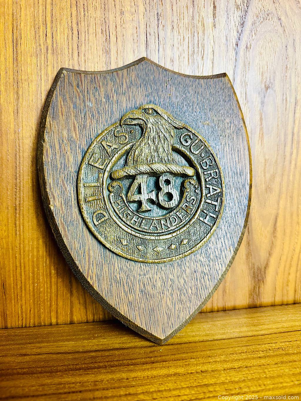 Vintage 48th Highlanders carved wood plaque | Maxsold