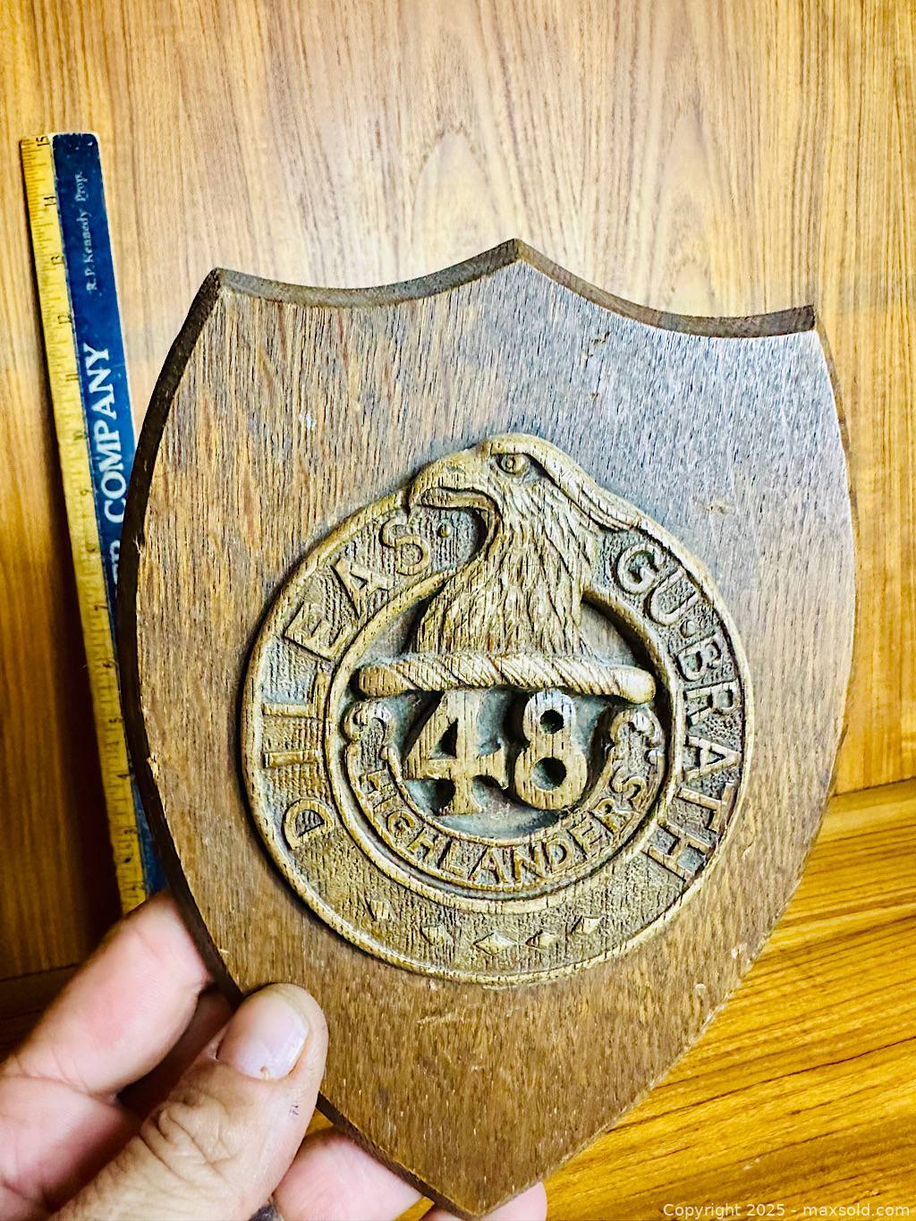 Vintage 48th Highlanders carved wood plaque | Maxsold