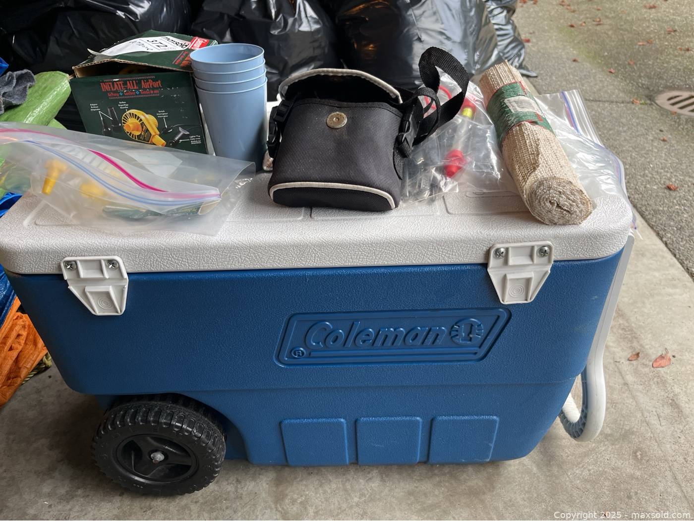 Coleman wheeled cooler, Bushnell binoculars, pump, tarps and camping ...
