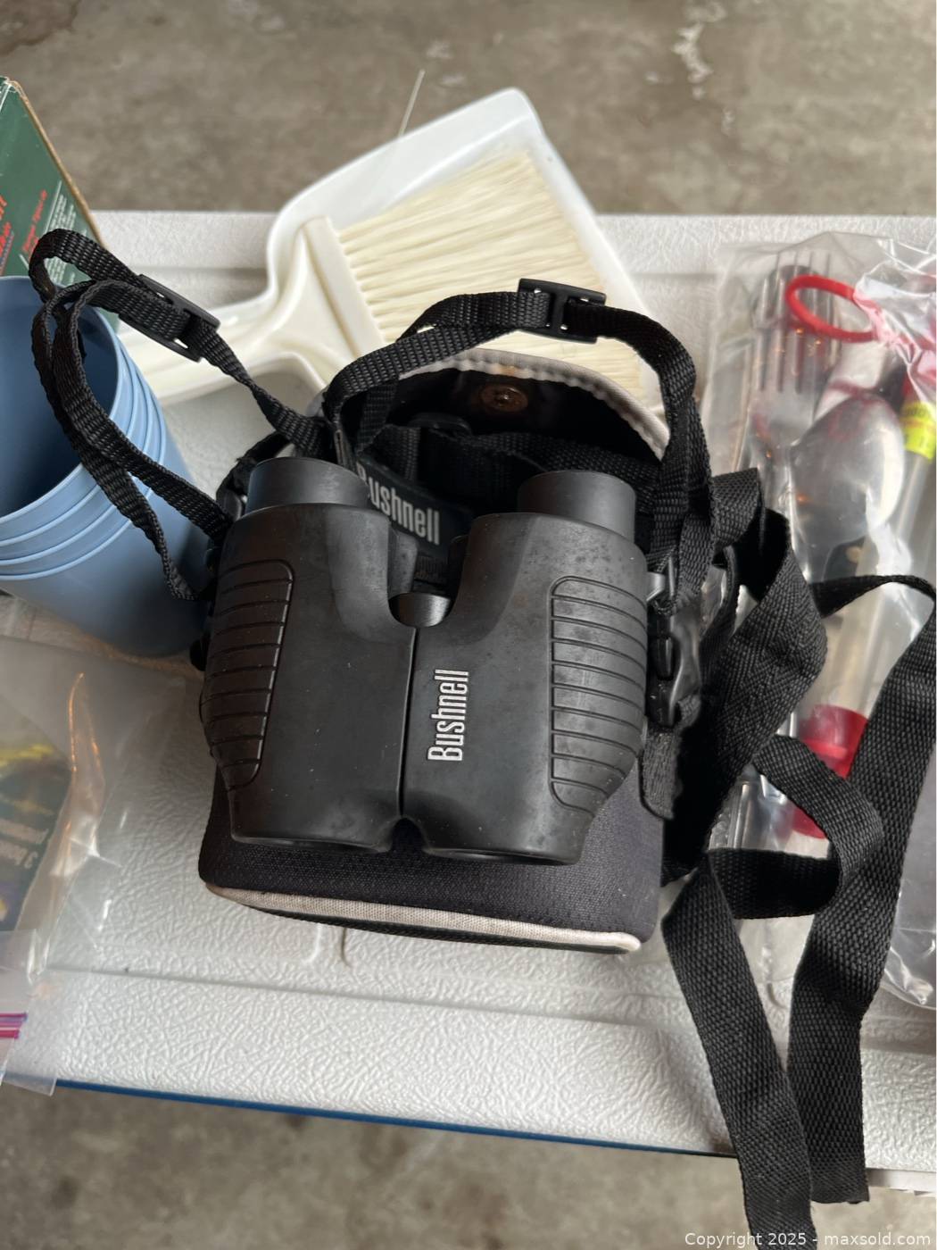Coleman wheeled cooler, Bushnell binoculars, pump, tarps and camping ...
