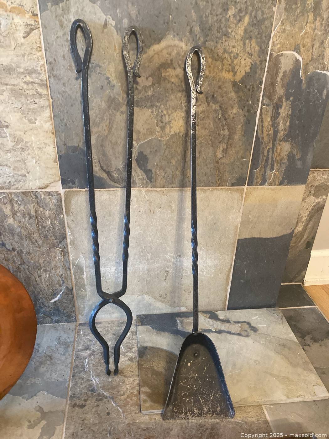 Copper-finish box, hammered charger, wrought-iron fireplace tools | Maxsold