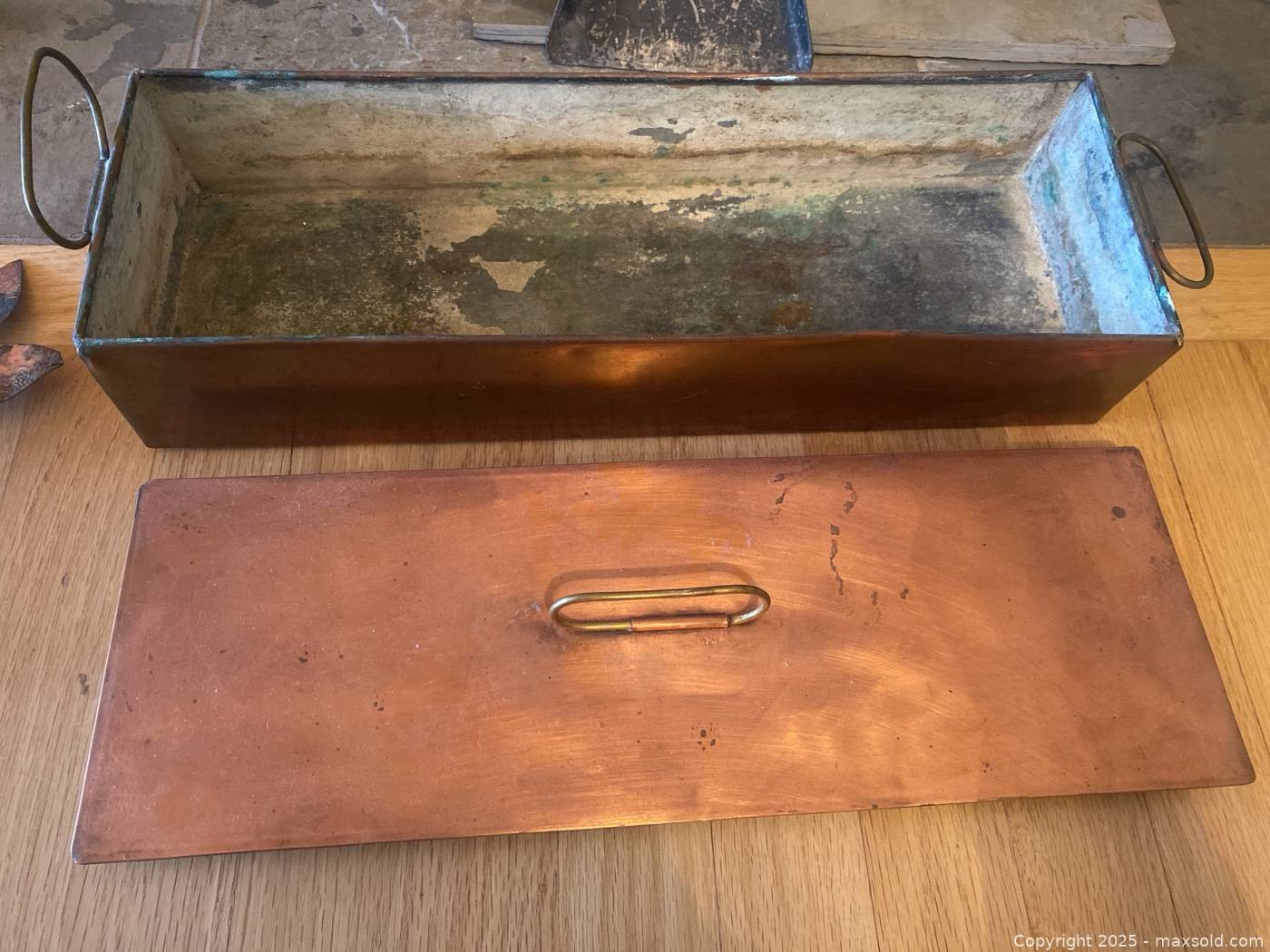 Copper-finish box, hammered charger, wrought-iron fireplace tools | Maxsold