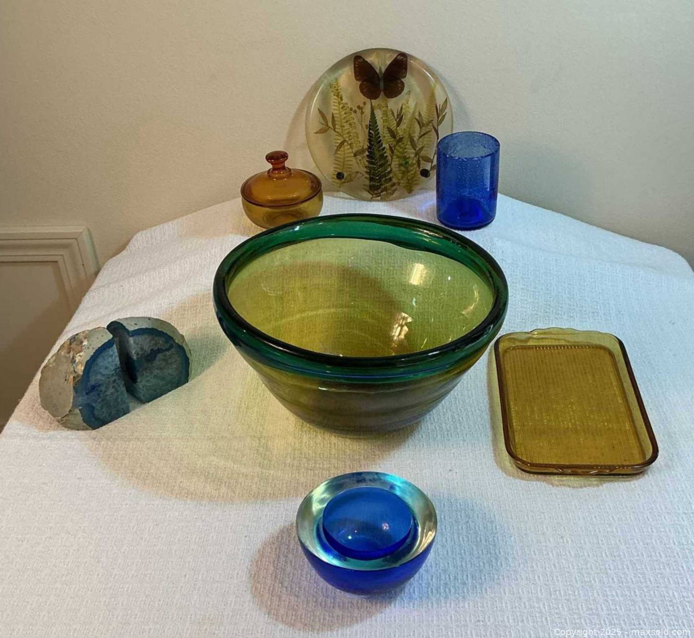 Hand blown green-blue bowl, agate bookends, amber glassware, butterfly ...