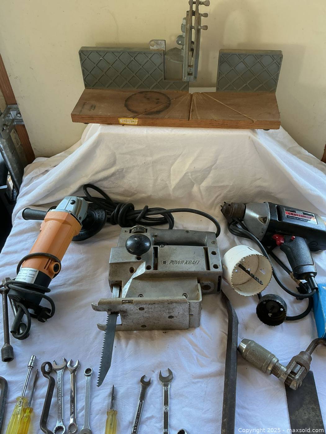 Craftsman drill, Power Kraft jig saw, 4" angle grinder with assorted ...