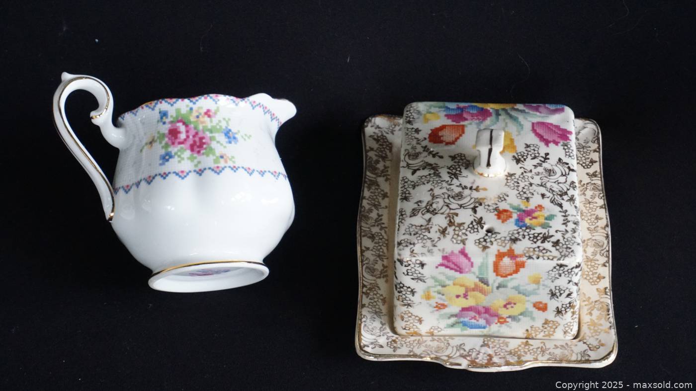H&K Tunstall covered butter dish and Royal Albert Petit Point creamer ...