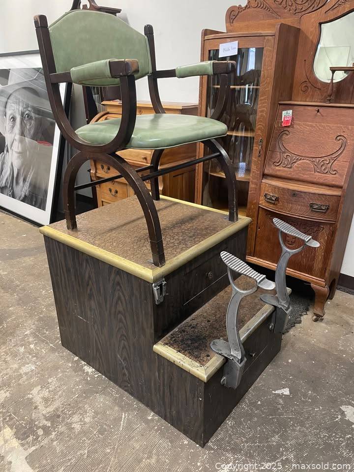 Antique wood shoe shine stand with chair | Maxsold