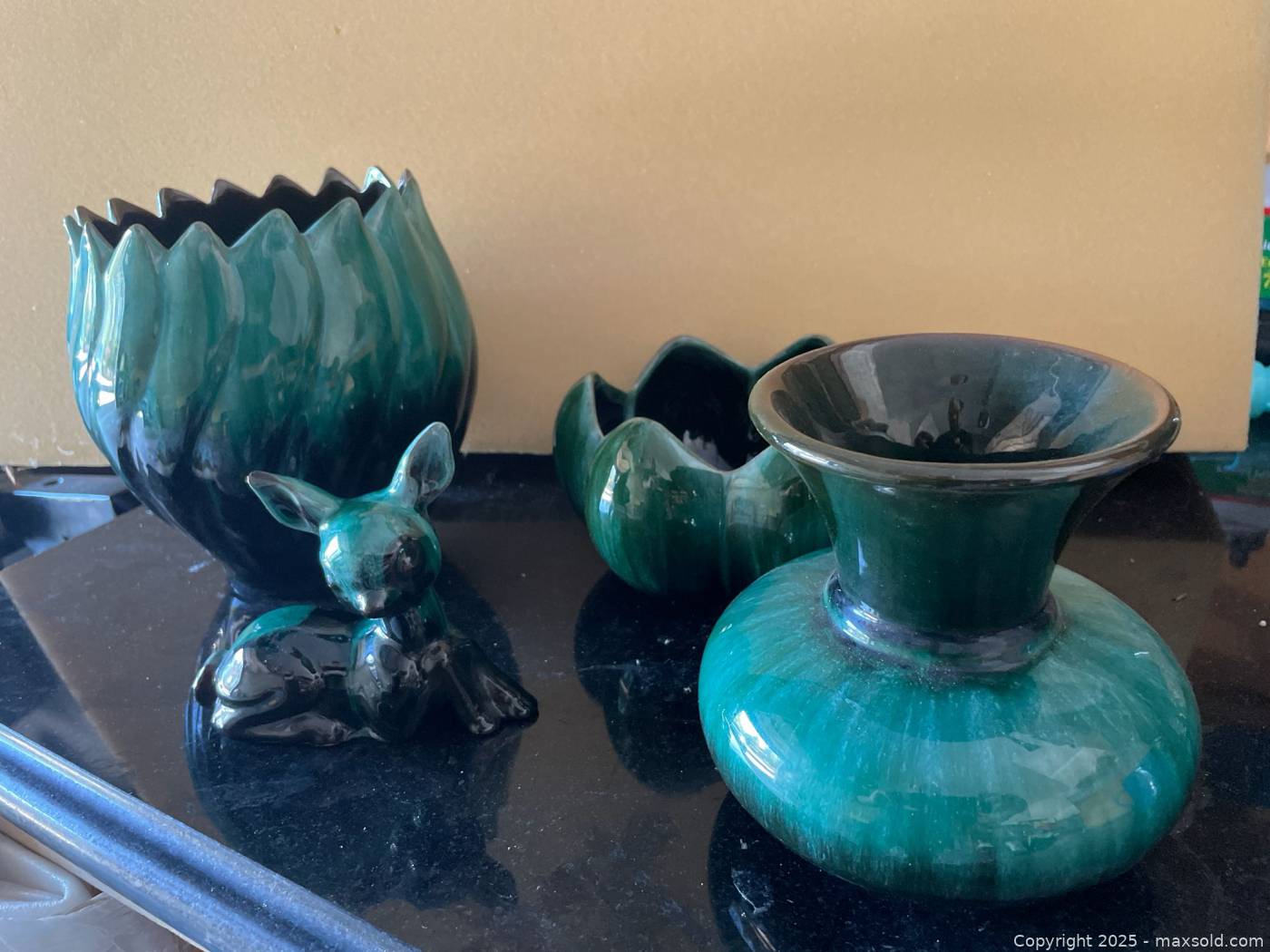 Blue Mountain Pottery green drip glaze vases, bowl and deer figurine ...