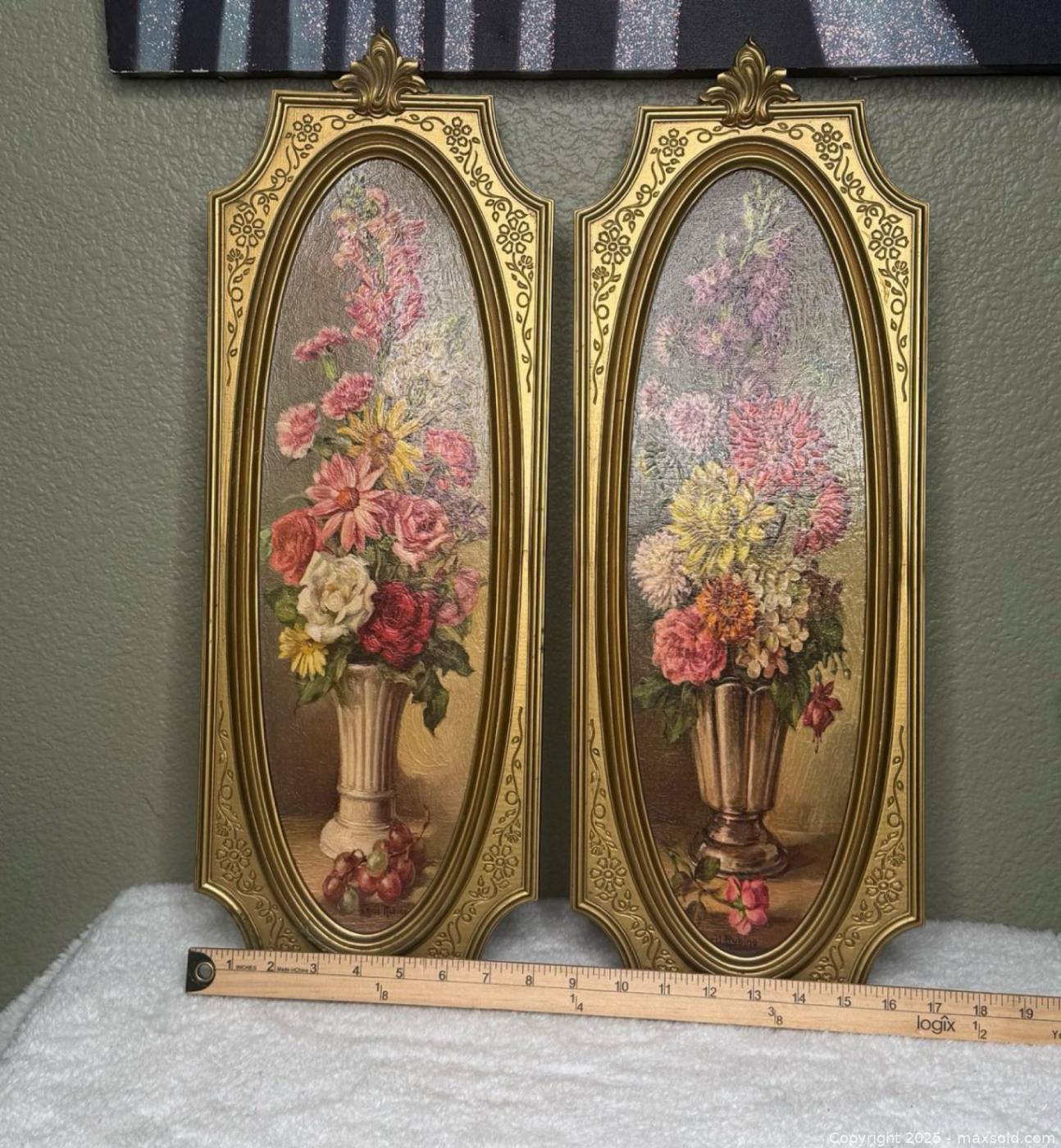 Pair 1964 Cecil Rubino floral vase gold-framed art | Maxsold