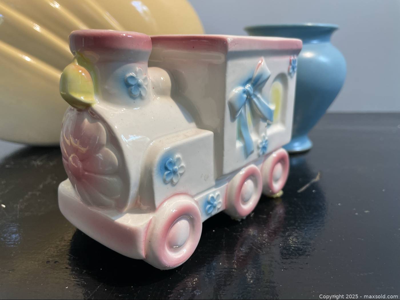 Vintage Parma Japan train planter, yellow ribbed vase, blue bud vase ...