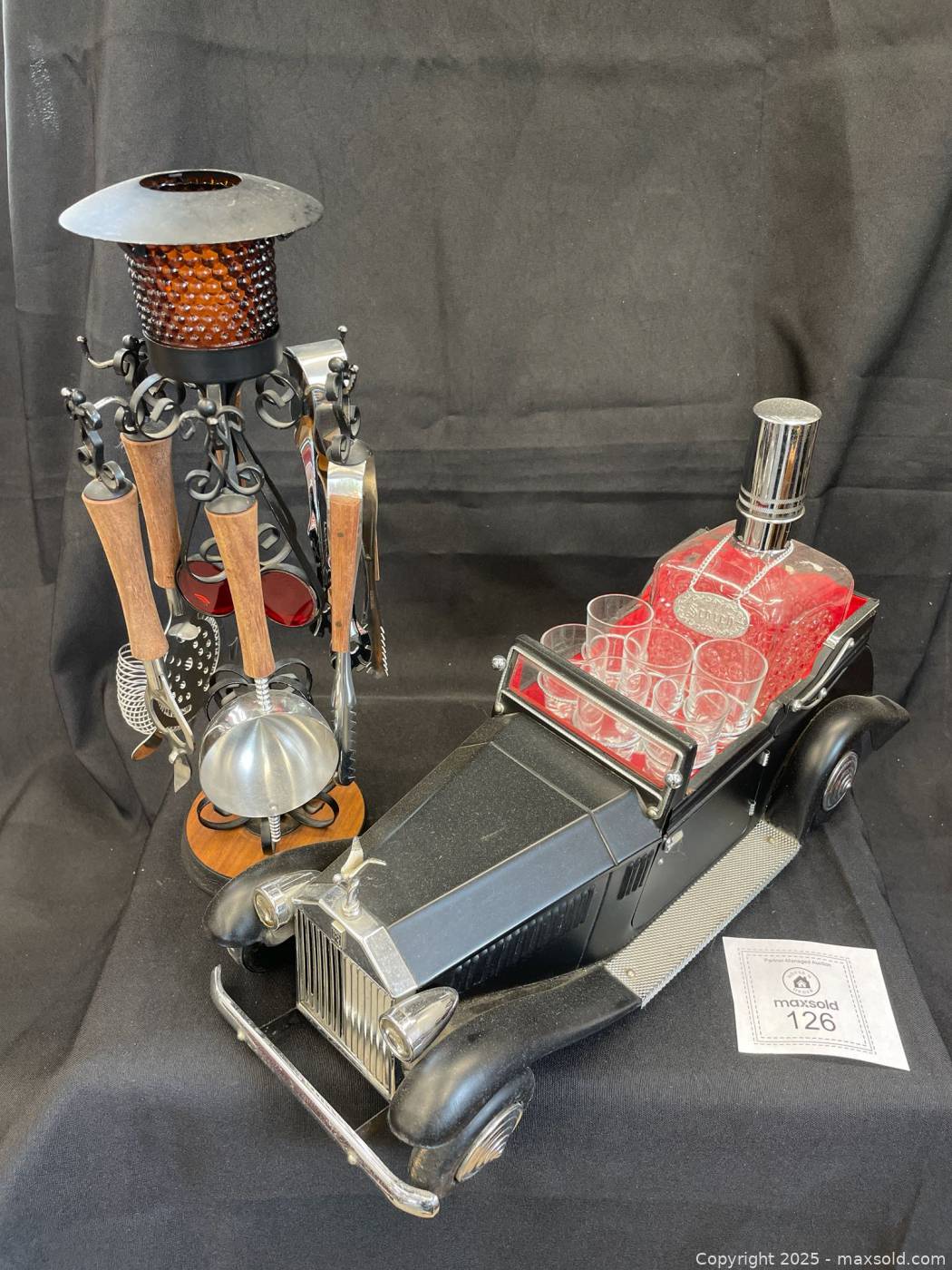 Vintage wrought iron bar tool caddy and Rolls Royce style car bar set ...