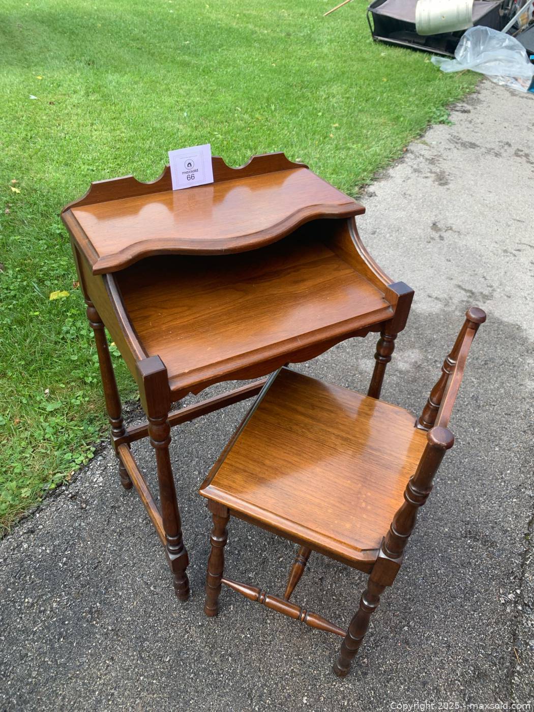 Wooden telephone table and chair | Maxsold