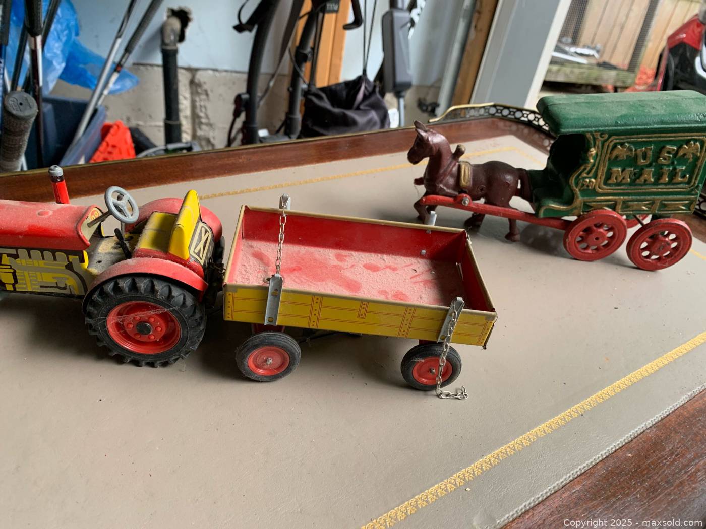 2 vintage toy vehicles: tin tractor/trailer & cast metal U.S. Mail ...