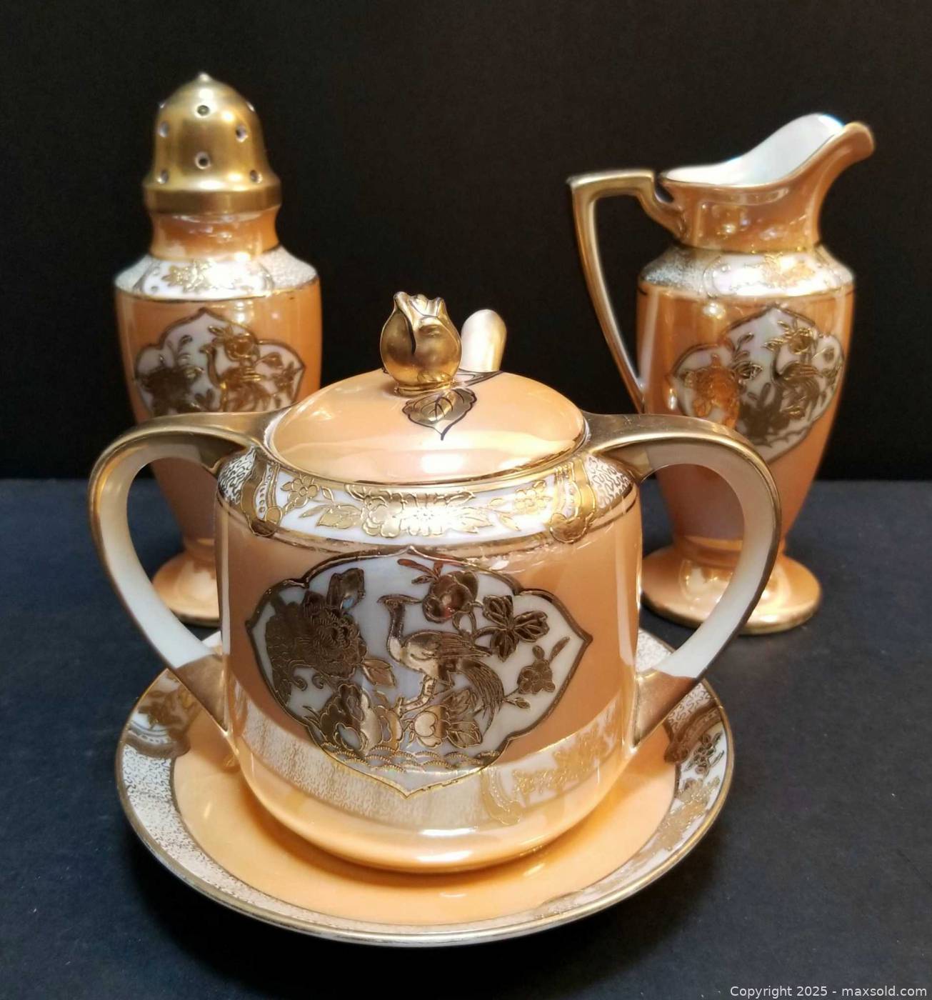 Noritake caramel luster creamer, sugar shaker, jam pot set | Maxsold