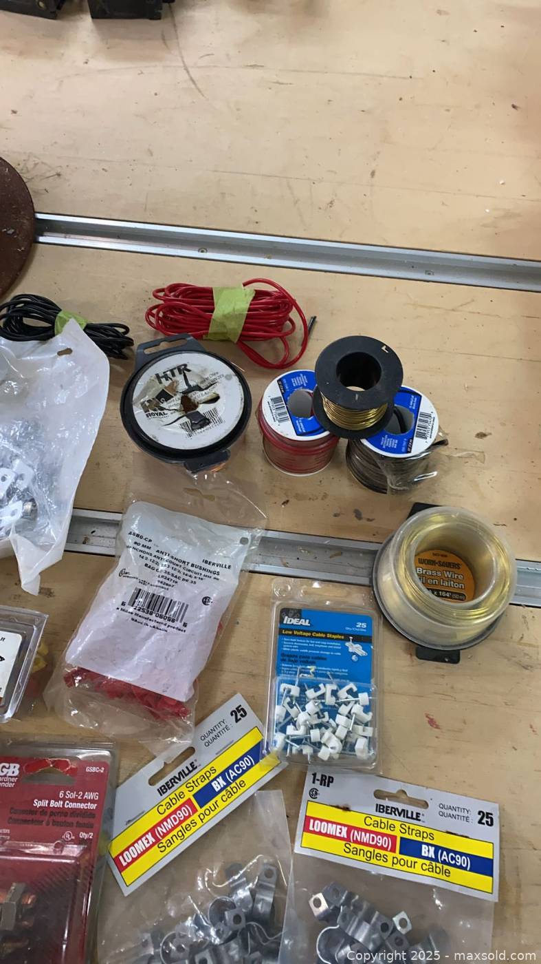 Assorted electrical connectors, BX straps, wire and solder | Maxsold