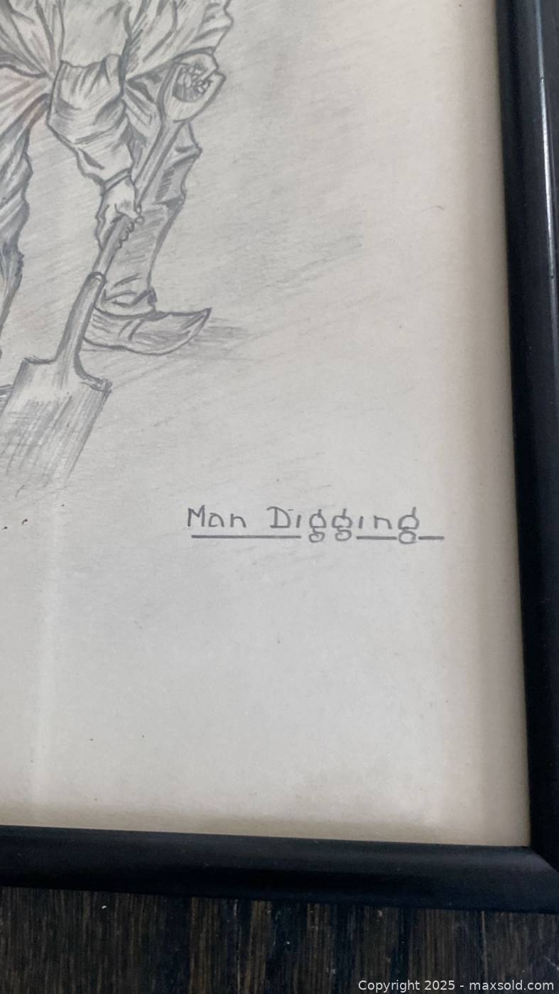 Antique pencil drawing “Man Digging” framed 12"×8" | Maxsold