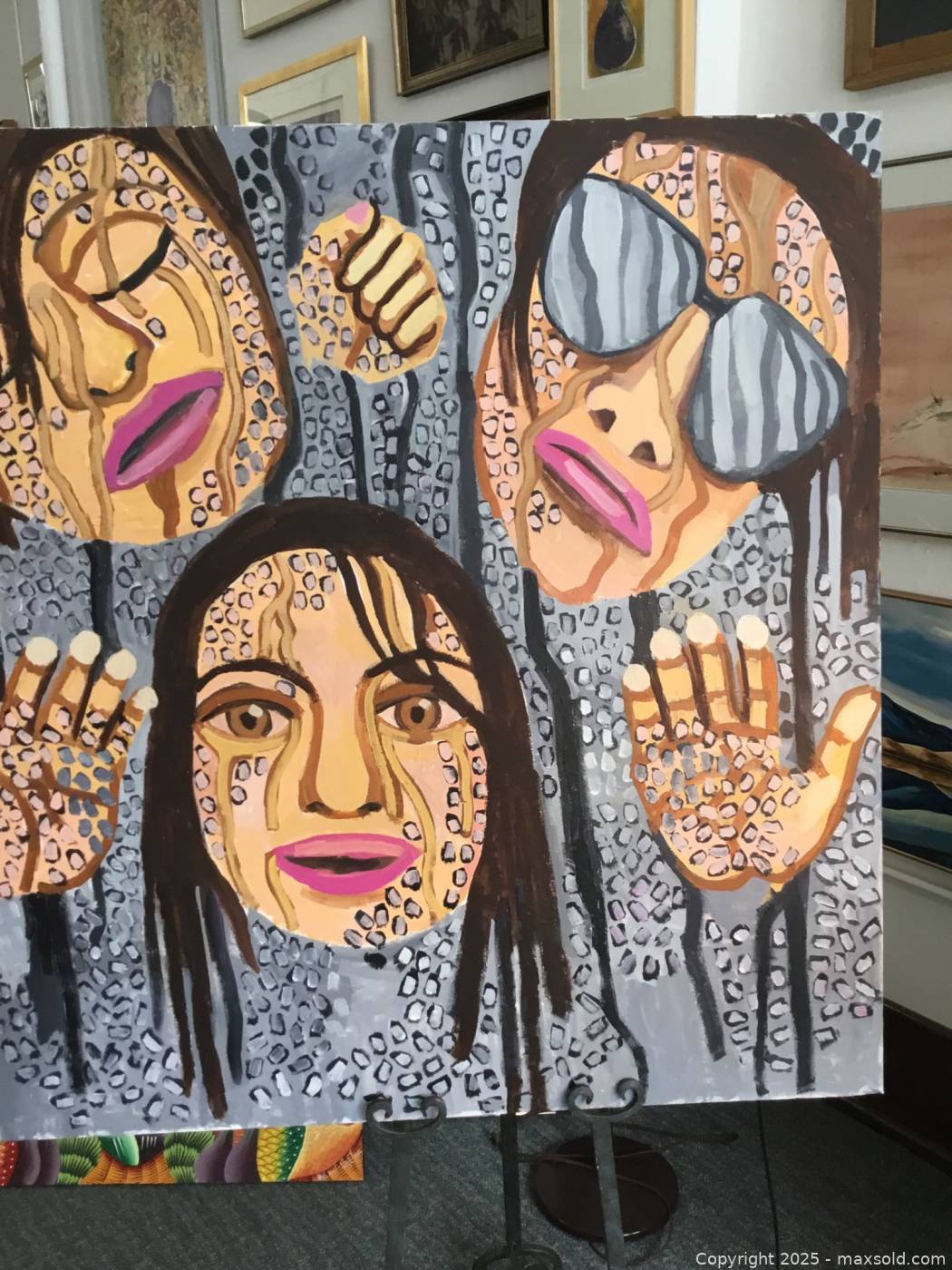 Large 48" oil painting of 3 whimsical faces | Maxsold