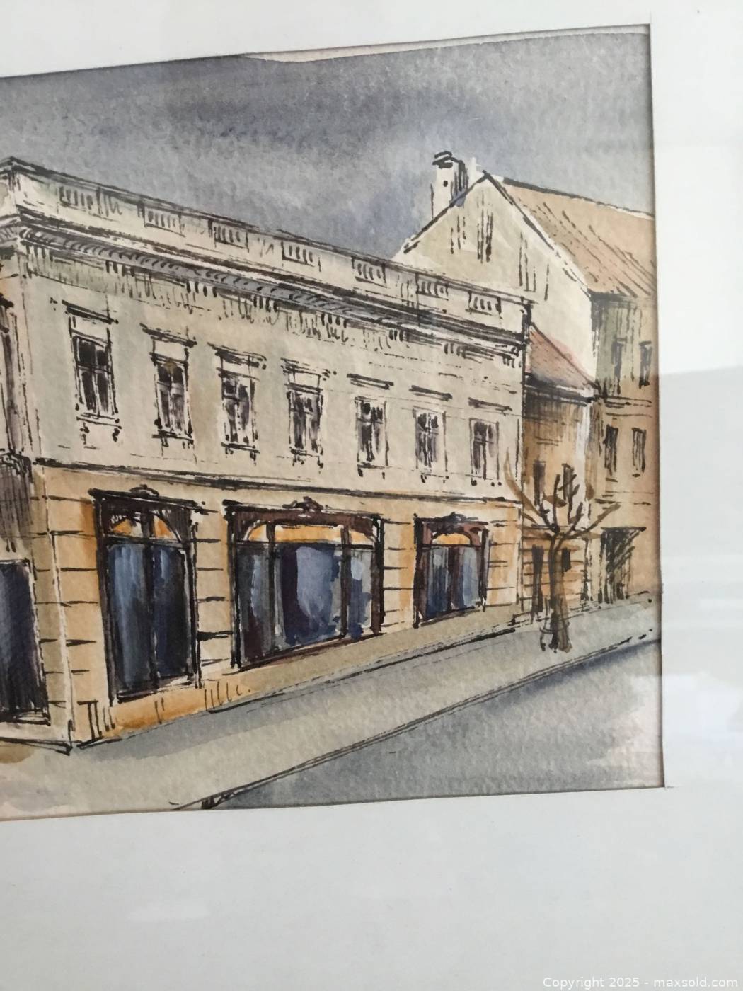 Small framed watercolour town scene | Maxsold