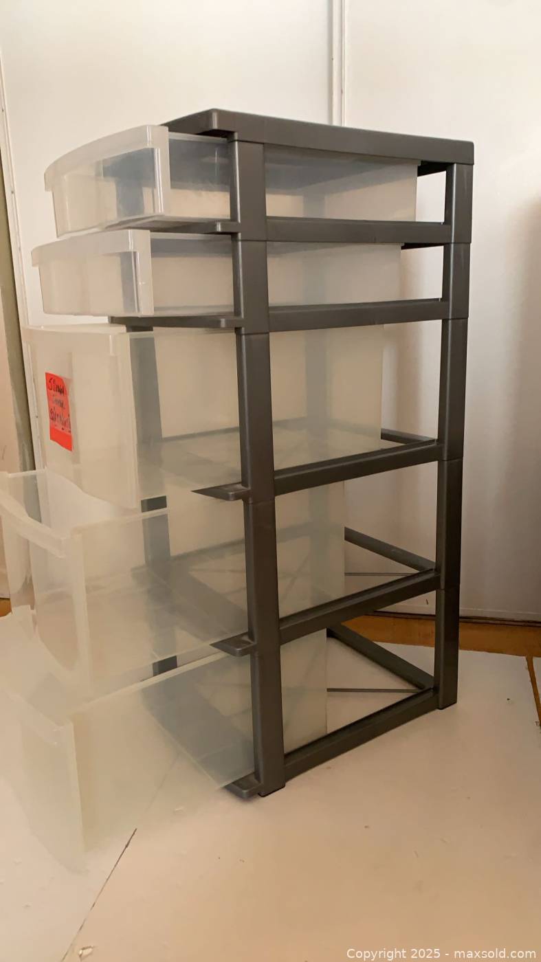 Plastic 5-drawer tower, 3-drawer unit, grey tote | Maxsold