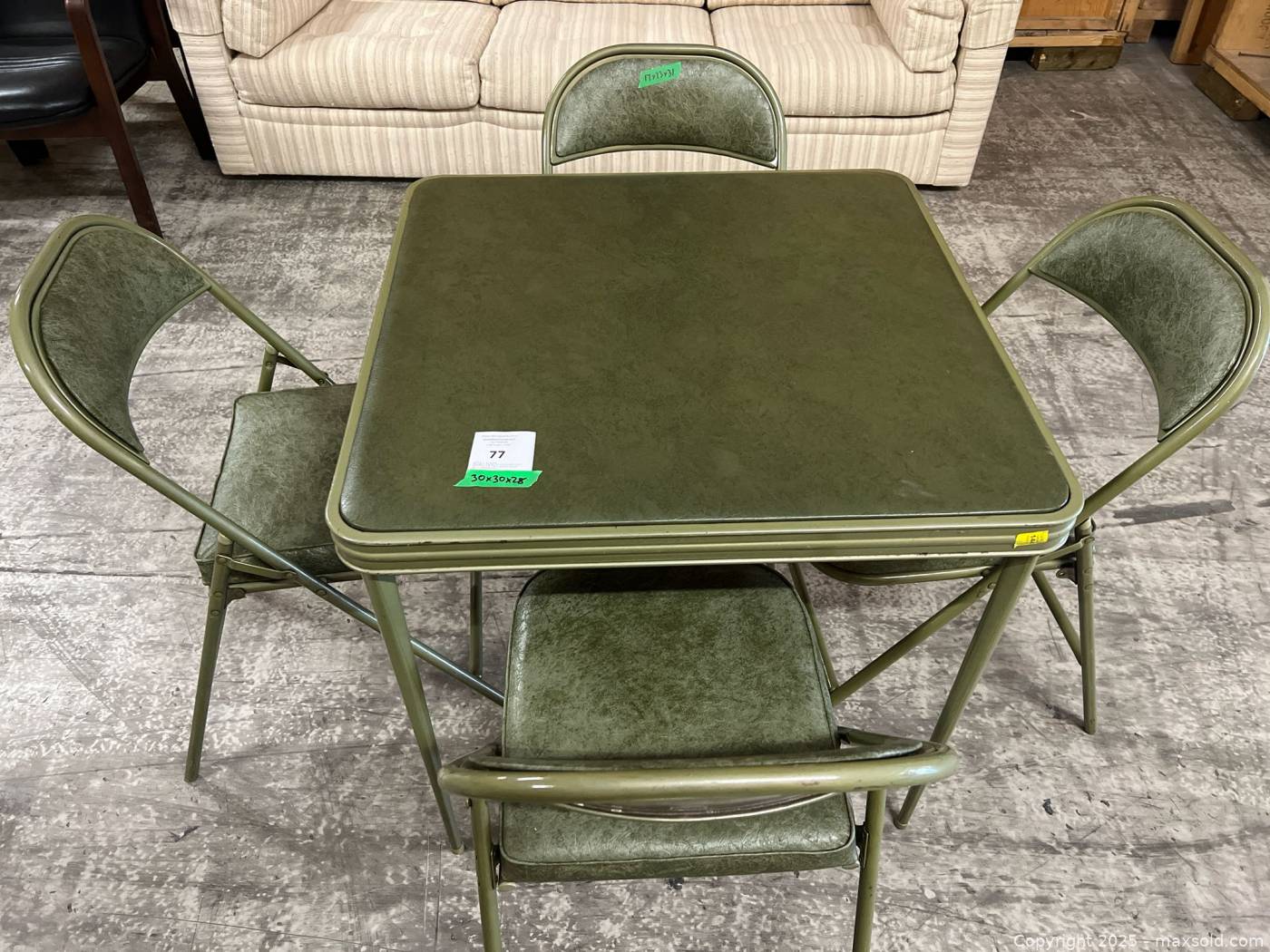 Vintage green folding card table with 4 chairs | Maxsold