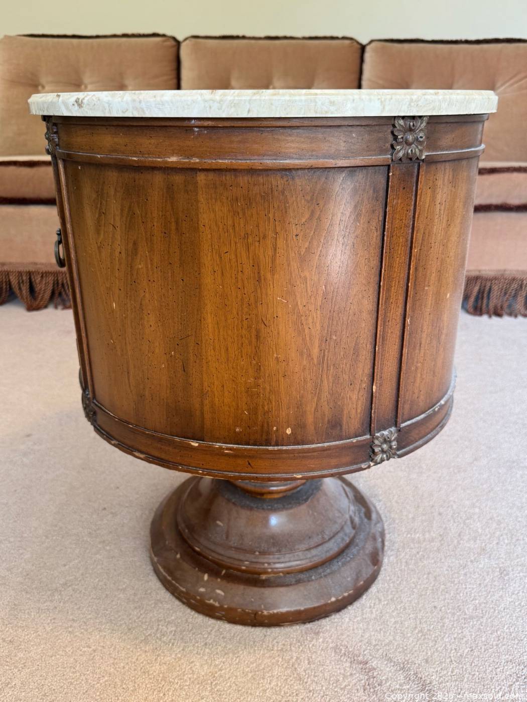 Vintage round drum side table with marble top | Maxsold
