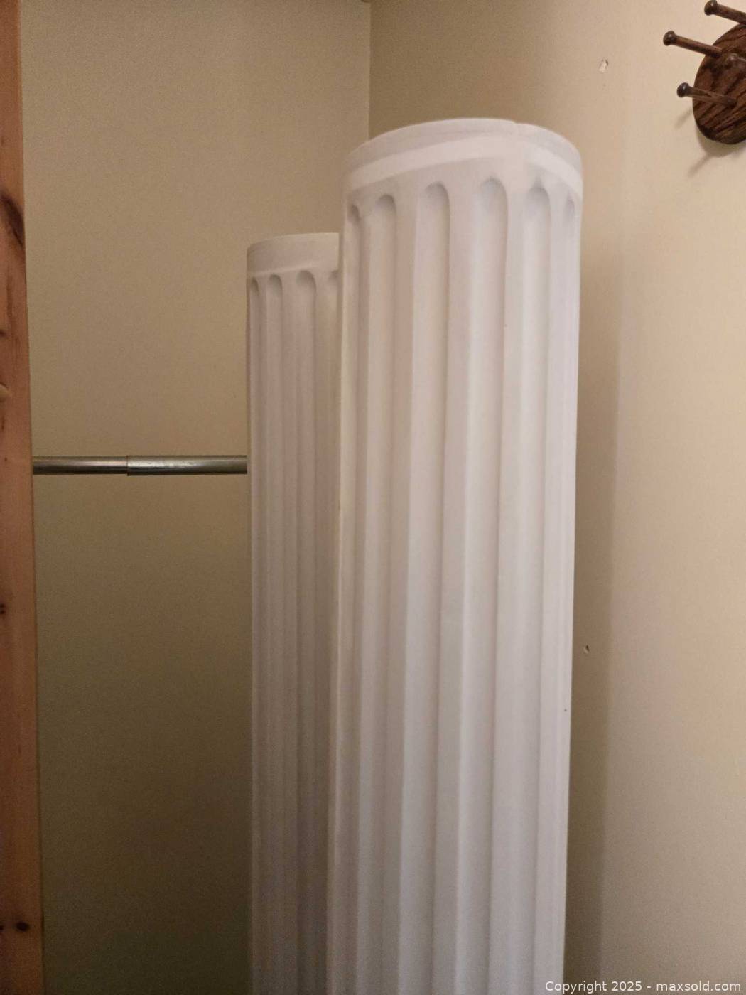 Pair fluted fiberglass columns, square pedestal bases, wall sconces ...